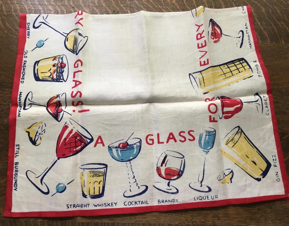 Vintage Mid-Century Tea Towel~ MCM Cocktails Linen Bar Graphics Retro ...