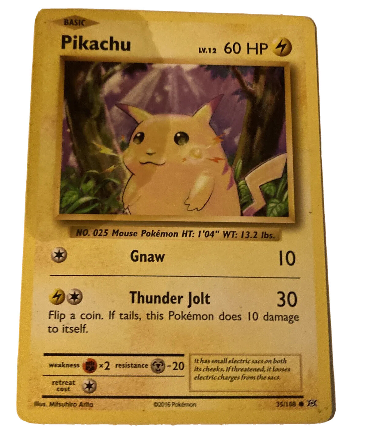 Pokemon Pikachu Gnaw Thunder Jolt Card LV.12, # 25, 35/108, 60 HP, 2016 ...