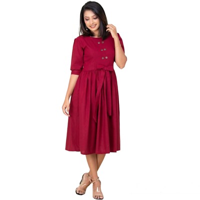 Maroon bow linen Dress midi short frock Handmade Women free Size ...