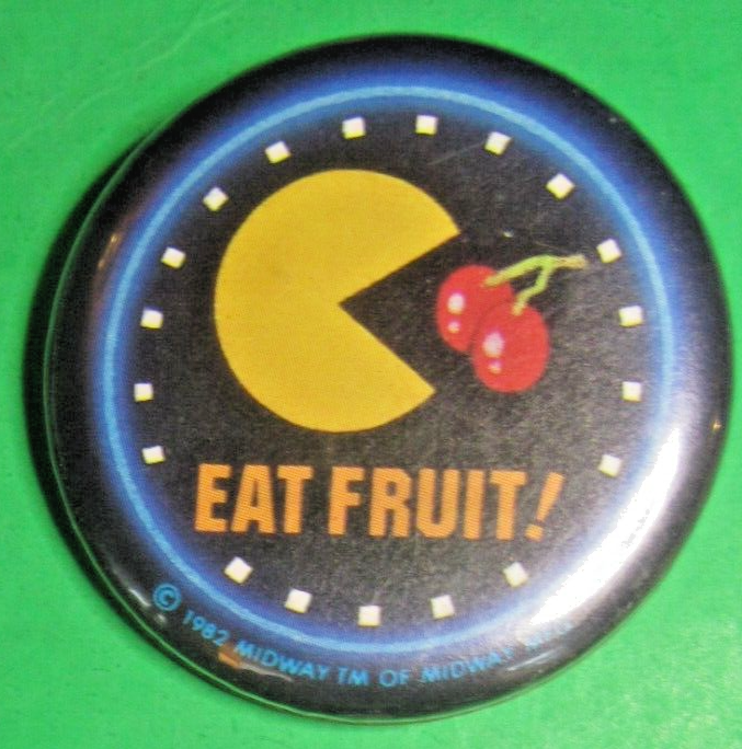 VINTAGE 1982 1 3/4" MIDWAY HALLMARK PAC MAN EAT FRUIT! CHERRIES BUTTON ...