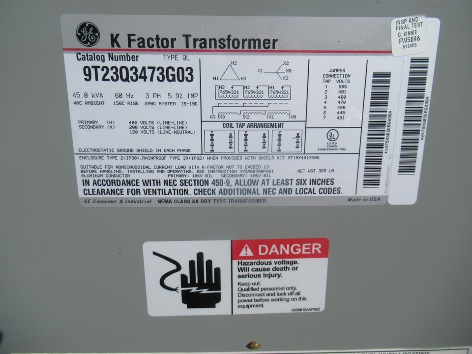 GE 9T23Q3473G03, 45 KVA Transformer 480 X 120/208 Volt 3 Phase -T433 ...