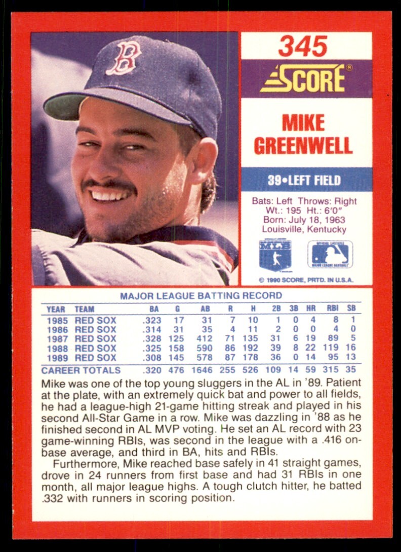1990 Score Mike Greenwell (100) Baseball Cards #345 | eBay