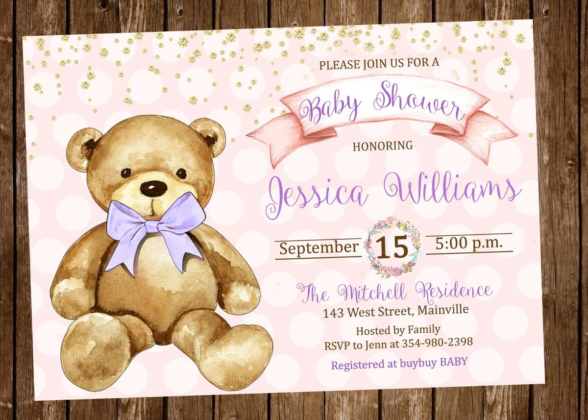 Baby Girl Teddy Bear Invitations Baby Shower Invitation With Cute Bear