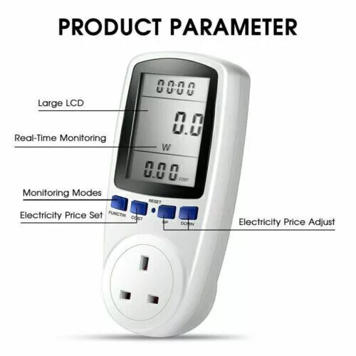 UK Plug-in Electricity Power Consumption Meter Energy Monitor Watt Kwh ...