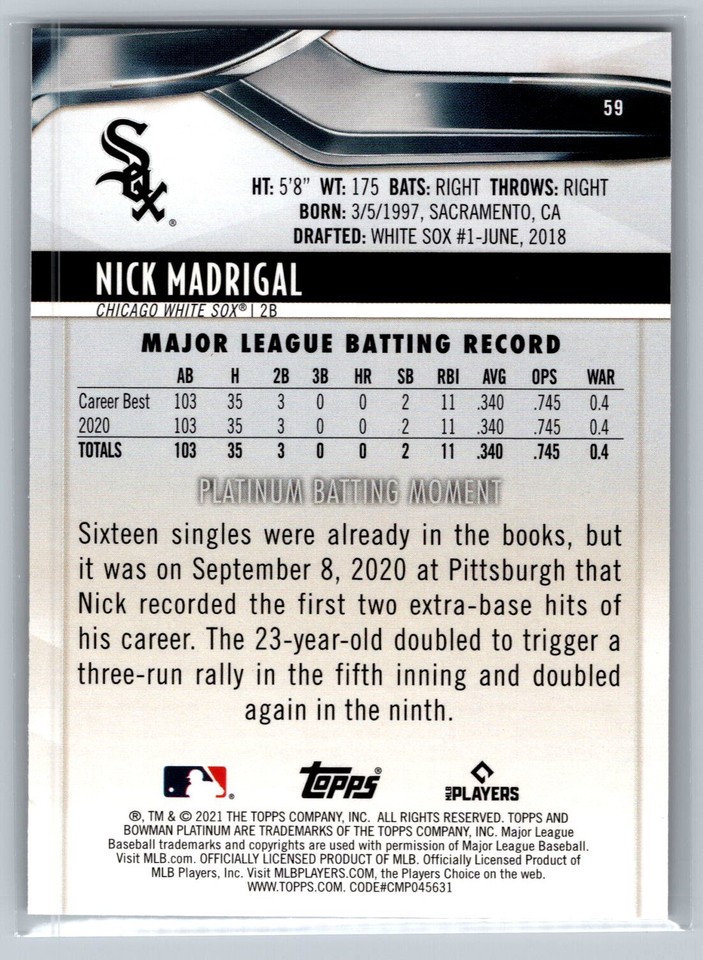 2021 Bowman Platinum Baseball #59 Nick Madrigal RC Chicago White Sox | eBay