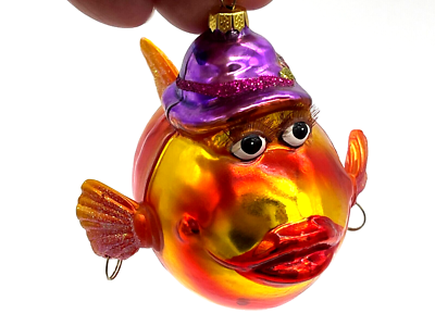 Anthropomorphic Goldfish Blown Glass Christmas Ornament Eyelashes ...