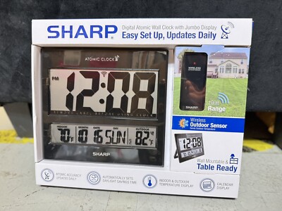 NIP Sharp SPC1107A Black Digital Atomic Wall Clock Jumbo Display Weather Station 49353998732| eBay