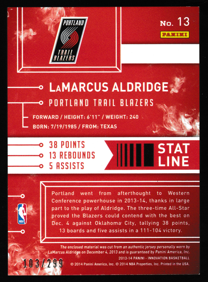 2013-14 Panini Innovation Stat Line Jerseys #13 LaMarcus Aldridge /299 ...