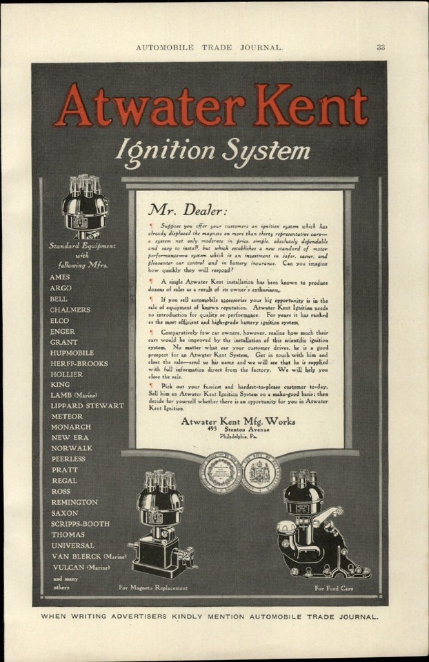 1916 PAPER AD CAR AUTO Continental Motor Automobile Atwater Kent ...