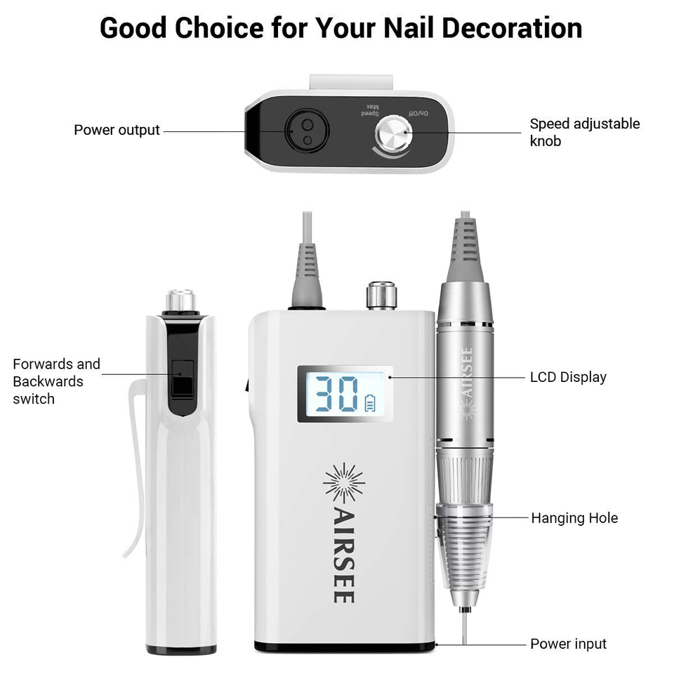AIRSEE Rechargeable 30000RPM Electric Nail Drill Professional Portable ...
