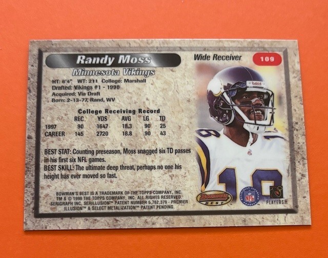 1998 Bowman's Best #109 Randy Moss Rookie RC - Minnesota Vikings HOF ...