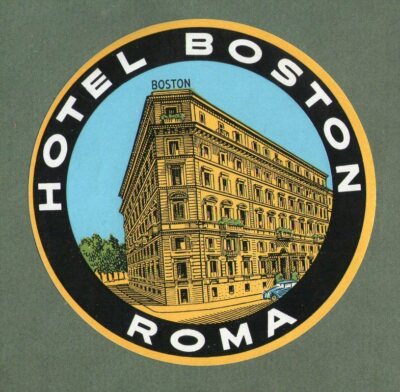 RARE Hotel luggage label ITALY Boston Roma pretty art & colour circular ...
