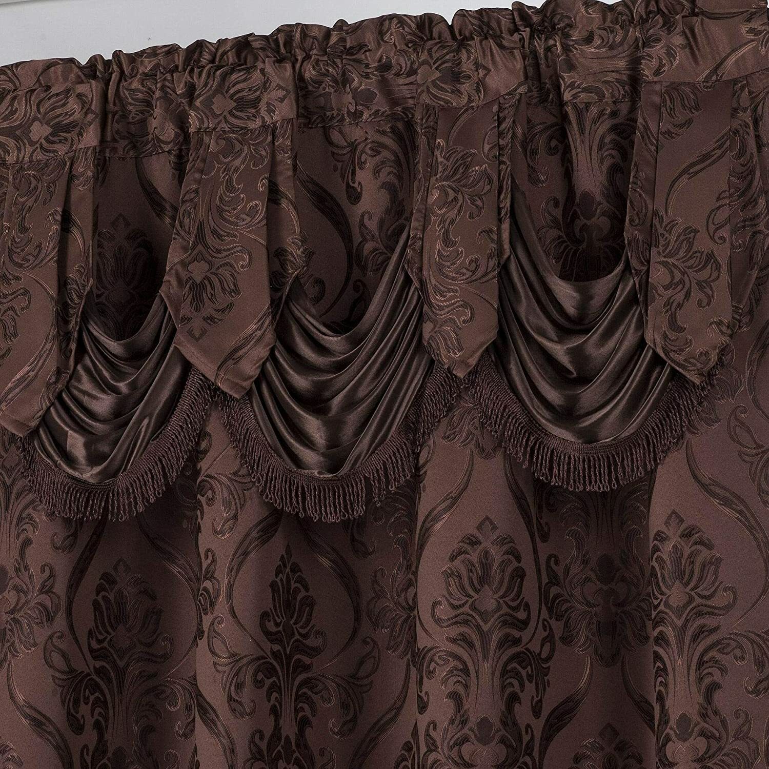 Set 2 Coffee Brown Fringe Damask Curtains Panels Drapes Valance 63 84 ...