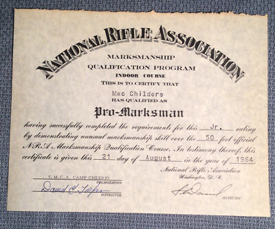 Vintage 1964 NRA Pro-Marksman Certificate | eBay