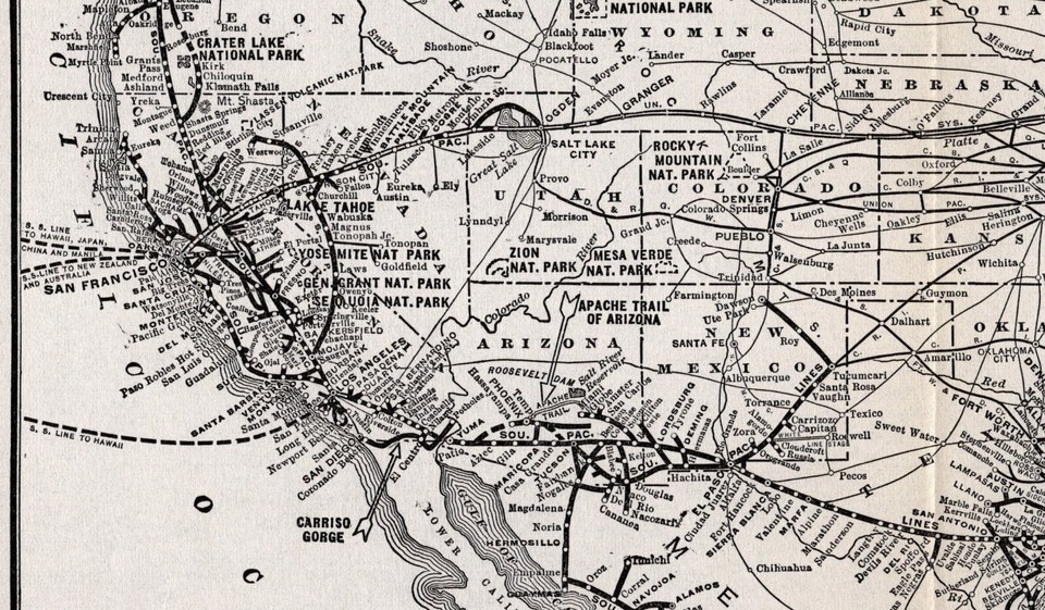 1925 Antique SOUTHERN PACIFIC RAILROAD Map Vintage Railway Map Wall ...