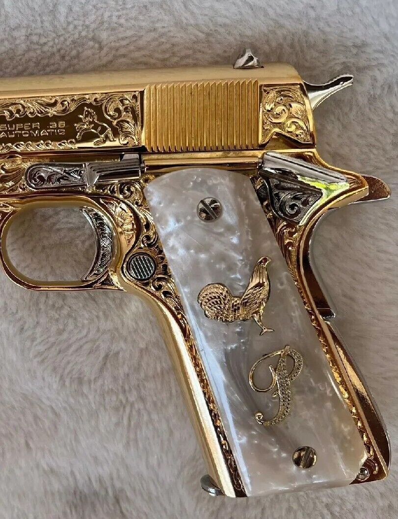 1911 "GALLO "P 'ROOSTER Colt Grips Engraved Pearl Grips 24k Gold Plated ...