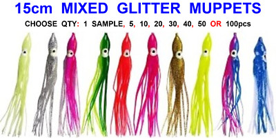 MIXED 15cm GLITTER MUPPETS SEA FISHING TACKLE SQUID OCTOPUS JIG POLLOCK ...