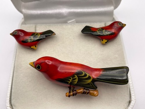 As Is Vtg Takahashi Style Red Bird Brooch And Earring Set Lacquered ...