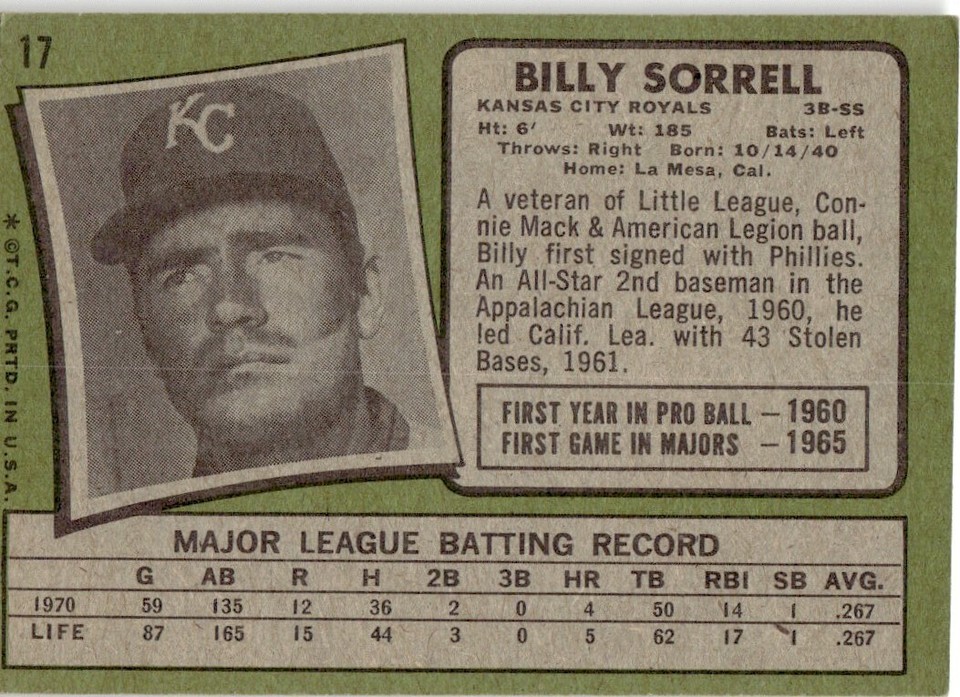 1971 Topps Baseball Billy Sorrell Kansas City Royals #17 EX-MT+ | eBay