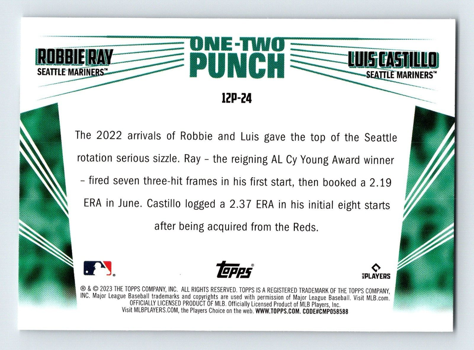 2023 Topps Series 1 ROBBIE RAY LUIS CASTILLO One-Two Punch Mariners ...