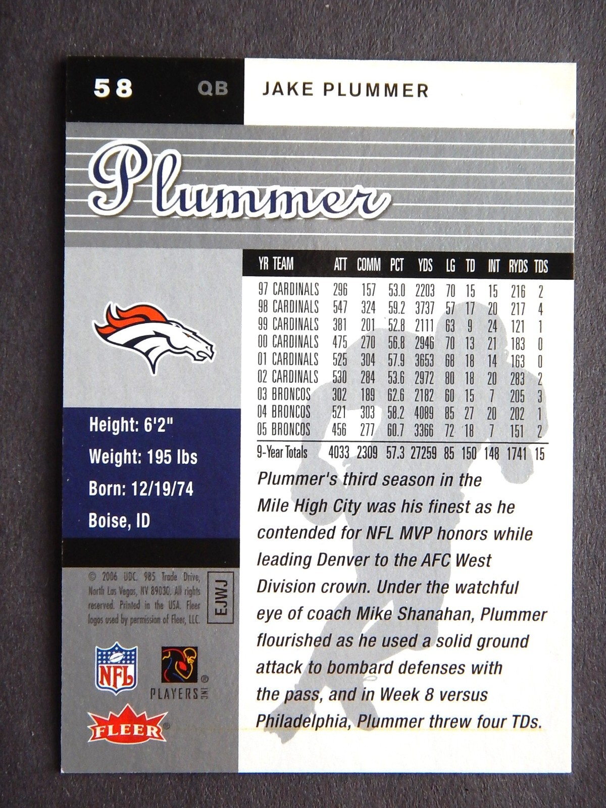 Jake Plummer #58 Fleer Ultra 2006 Football Card (Denver Broncos) LN | eBay