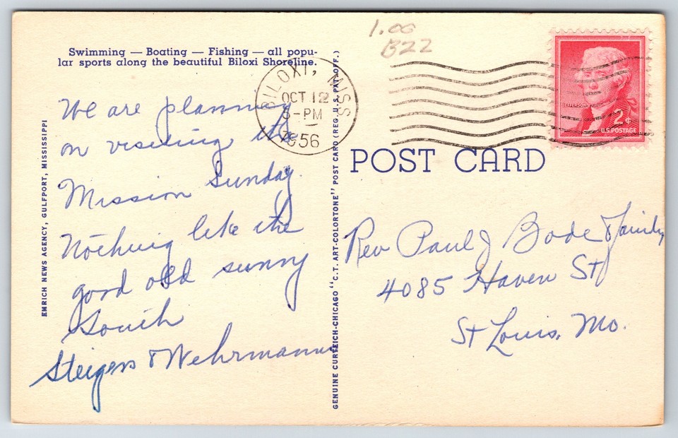 Biloxi Mississippi~Sail Boat At Pier Scene Along The Shoreline~1956 ...