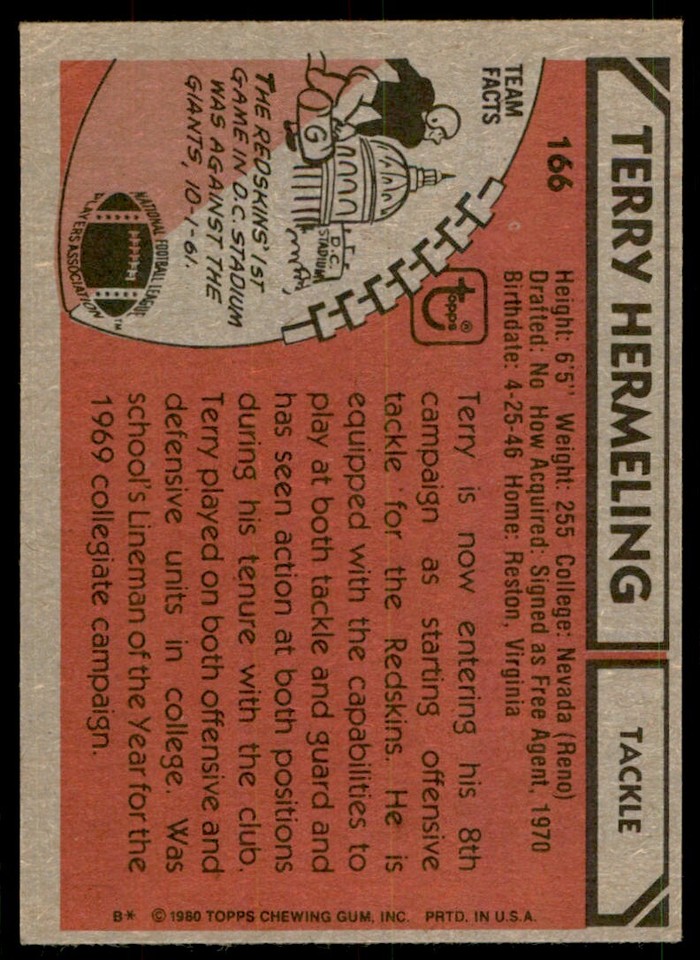 1980 TOPPS FOOTBALL TERRY HERMELING WASHINGTON REDSKINS #166 | eBay
