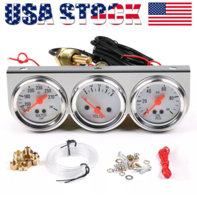 2" 52mm Chrome Car Triple Gauge Set Kit 3in1 Water Temp Oil Pressure ...