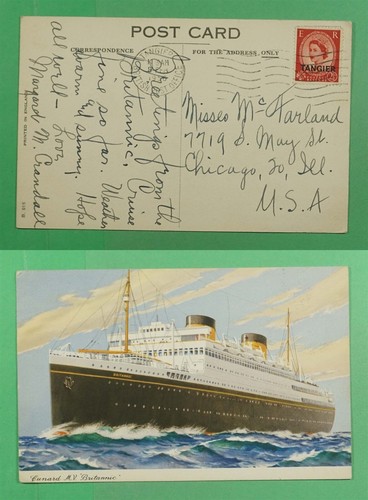 DR WHO 1956 BRITISH MOROCCO TANGIER OVPT BRITANNIC SHIP POSTCARD TO USA ...