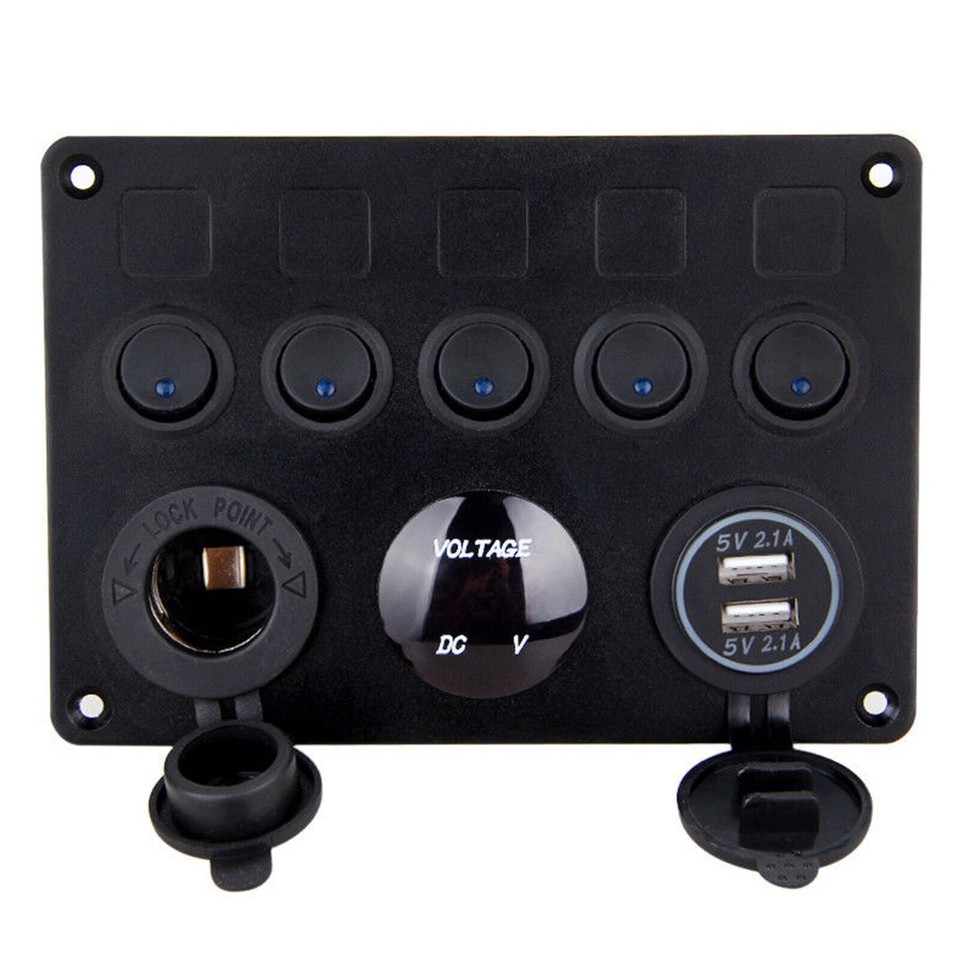 12V 5 Gang ON-OFF Toggle Switch Panel 2USB Fits Car Boat Marine RV ...