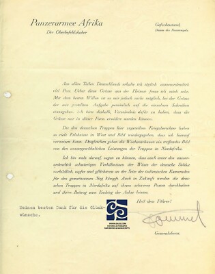 ERWIN ROMMEL “THE DESERT FOX” SUPERB PRINTED LETTER SIGNED N. AFRICA ...