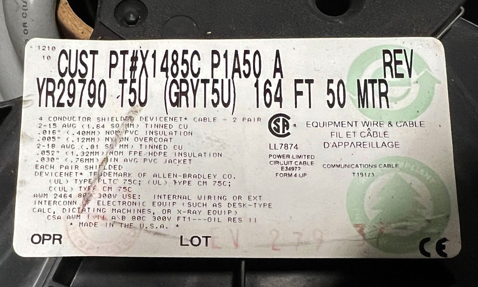 164ft 50m Belden Allen Bradley 1485C DeviceNet 15/1pr+18/1pr Trunk ...