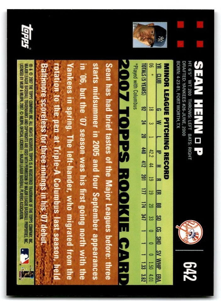 2007 Topps Sean Henn Rookie New York Yankees #642 | eBay