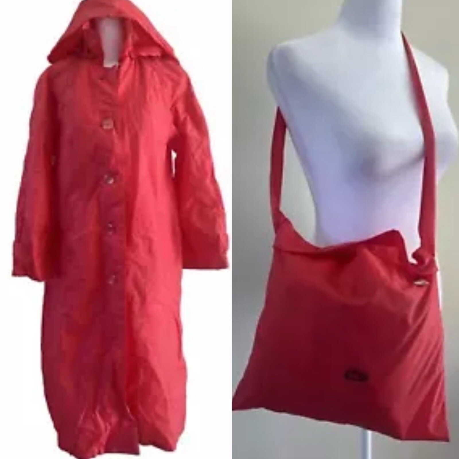 VTG Alligator Lacoste Red Packable Hooded Midi Raincoat Button Up w Bag Unisex 6 | eBay