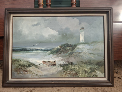 Vintage Original Karl Neumann Oil Painting On Canvas Lighthouse Beach ...