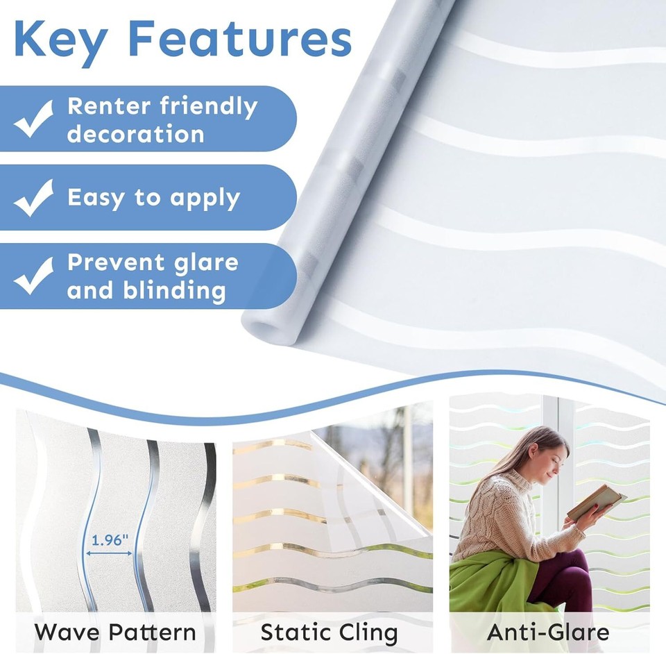 Window Privacy Film Decorative Striped Removable Static Cling Wave ...