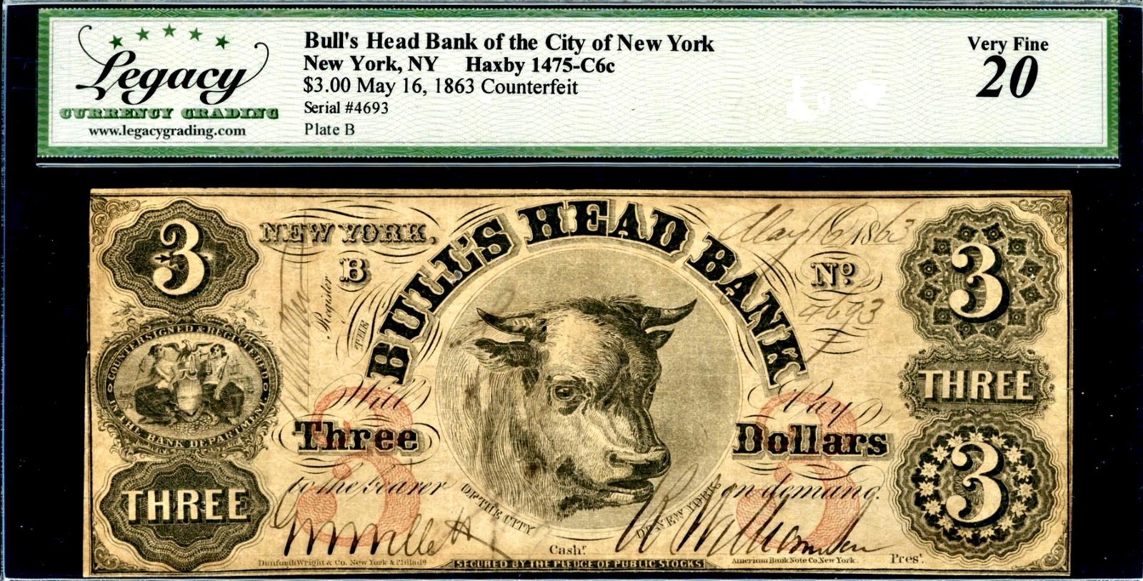 May 16, 1863 Bulls Head Bank New York City Counterfeit $3 Obsolete Note ...