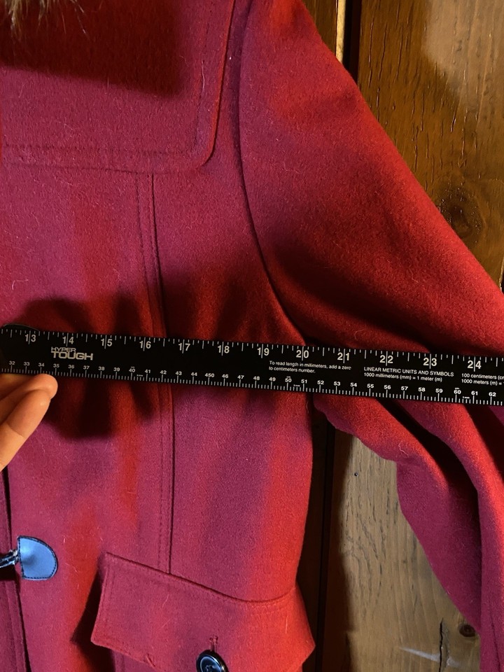 Tommy Hilfiger Red Wool Blend Duffle Coat Faux Fur Hood Toggle Closure ...