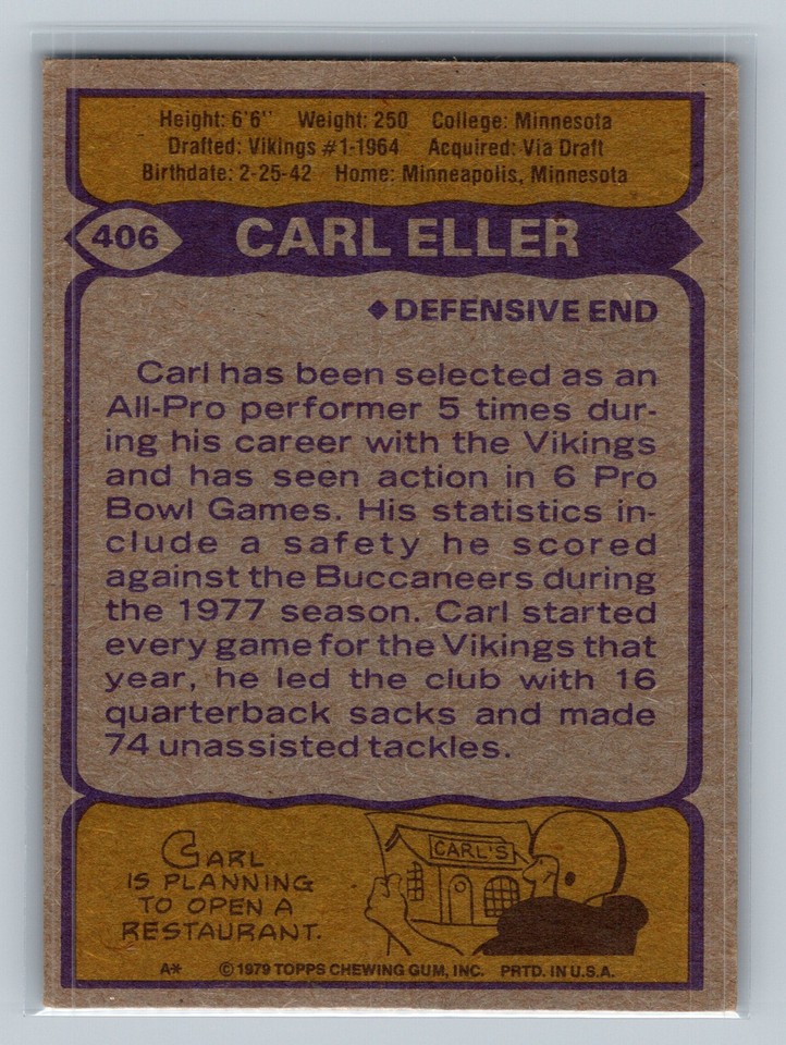 Carl Eller 1979 Topps #406 Minnesota Vikings | eBay