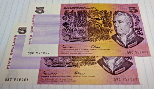 Australian Banknotes $5 1985 R209b Gothic Serial UNC Consecutive Pair ...