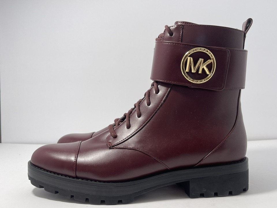 New Michael Kors Tatum Maroon Combat Lace Up Logo Women Boots Size 6.5 ...