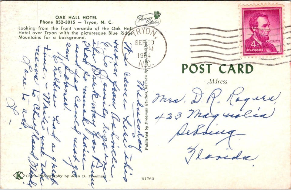 Oak Hall Hotel Postcard Tryon North Carolina Blue Ridge Mountains | eBay