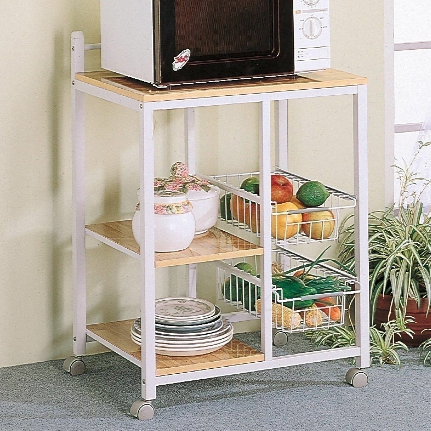 White Metal Microwave Cart Rolling Kitchen Storage Natural Shelves ...