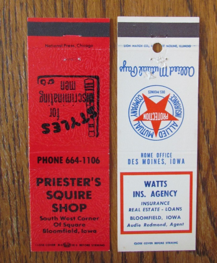 BLOOMFIELD, IOWA MATCHBOOK COVERS: PRIESTER'S SQUIRE SHOP & WATTS ...