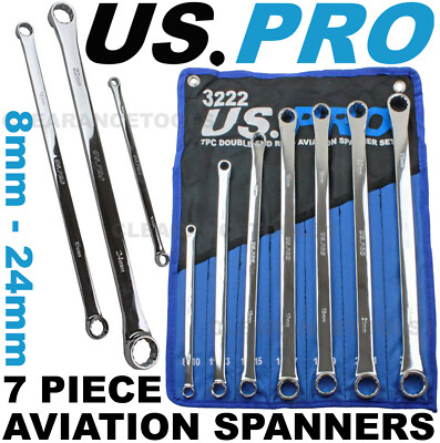 US PRO 7pc Aviation Double Ended Ring Extra Long Spanner Set 8 - 24mm ...