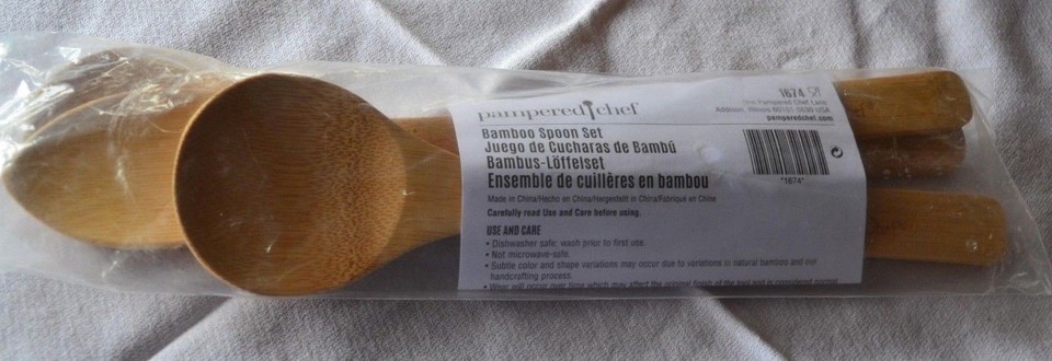 Pampered Chef 3pc BAMBOO WOODEN SPOON Set -Won't Scratch Pans Splinter ...