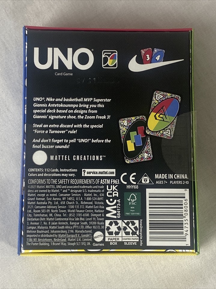Nike Zoom Freak 3 UNO Card Game Mattel Giannis Antetokounmpo | eBay