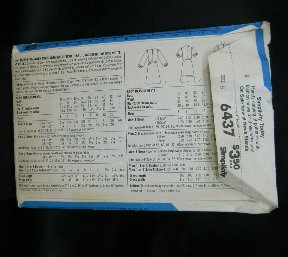 Simplicity Pattern 6437 Misses Pull Over Dress Sz 10 12 14 CUT 14 Vtg ...
