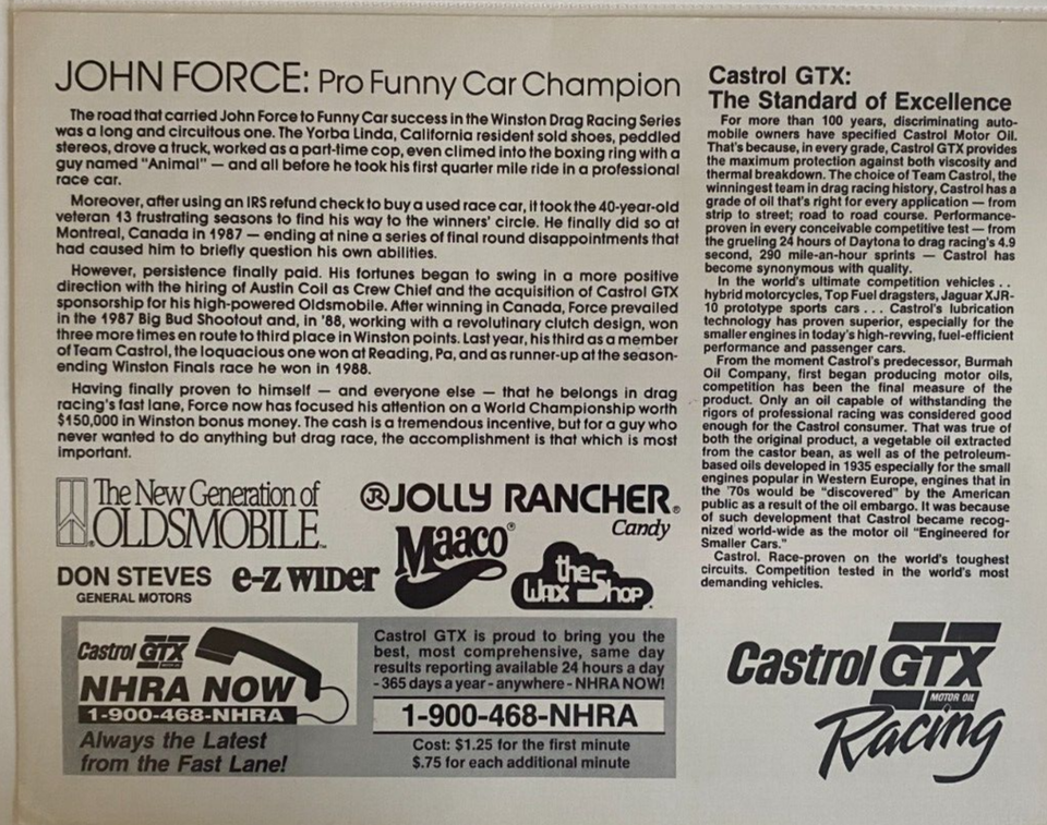 JOHN FORCE SIGNED NHRA VTG NHRA TEAM CASTROL GTX DRAG RACING POSTCARD ...