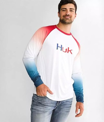 Huk Flare Double Header Large Red White Blue Long Sleeve SPF Shirt | eBay